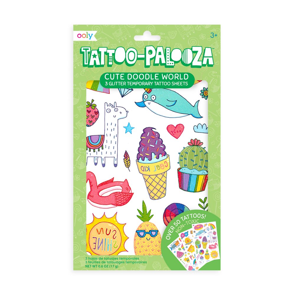 Tattoo-Palooza Temporary Tattoos - Cute Doodle World - 3 Sheets - OOLY